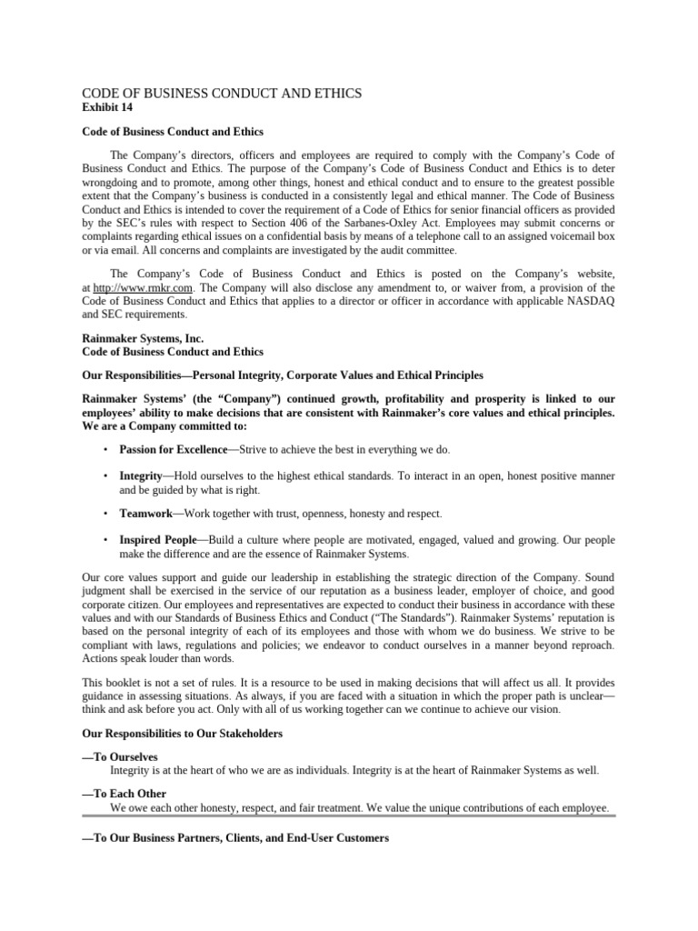 Code of Business Conduct and Ethics | PDF | Sexual Harassment ...
