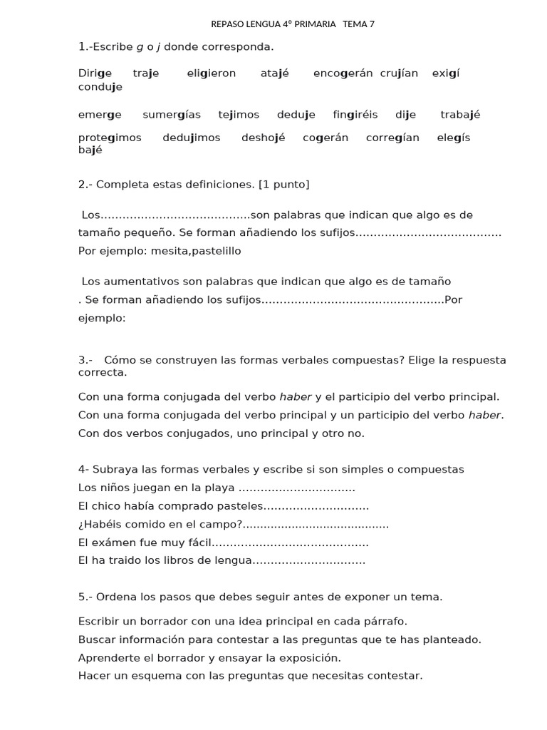 Repaso Lengua 4º Primaria - Tema 7 | PDF | Verbo | Tipología Lingüística