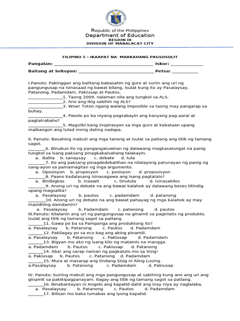 Q4 PT Filipino Grade 5 Edited | PDF