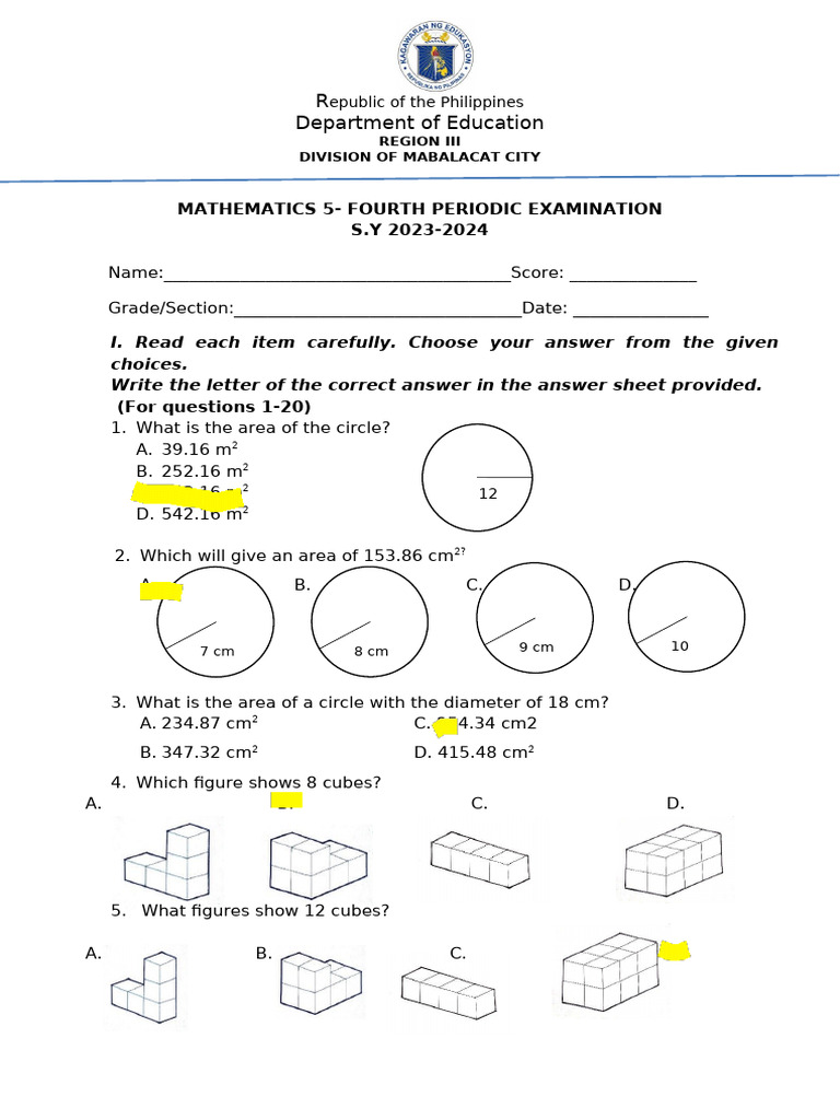 R Department of Education: Mathematics 5-Fourth Periodic Examination S ...