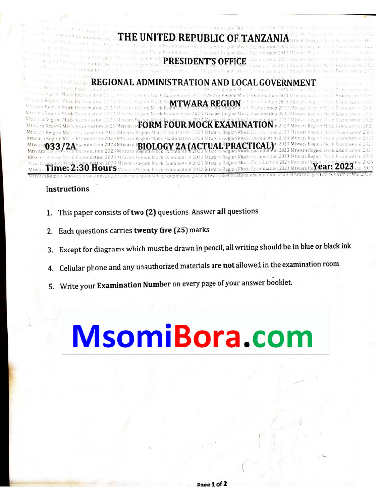 Mock Mtwara Biology Practical 2A | PDF