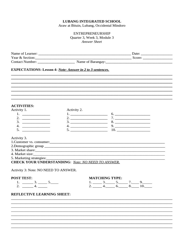 Answer Sheet Week 3 | PDF