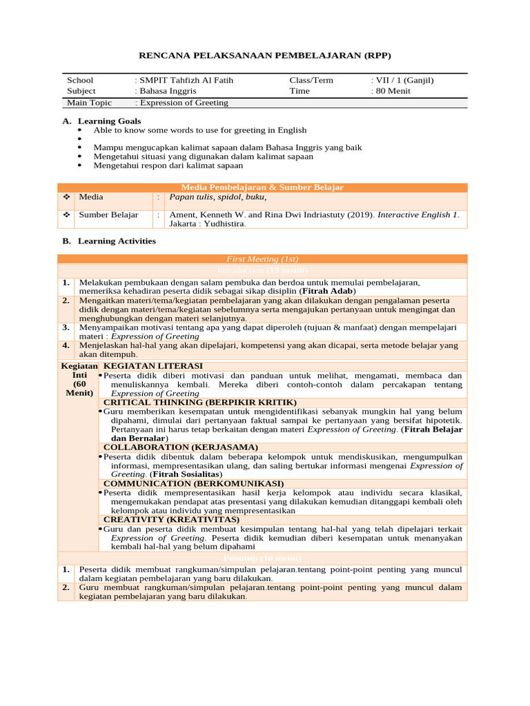 RPP English Kelas Vii | PDF