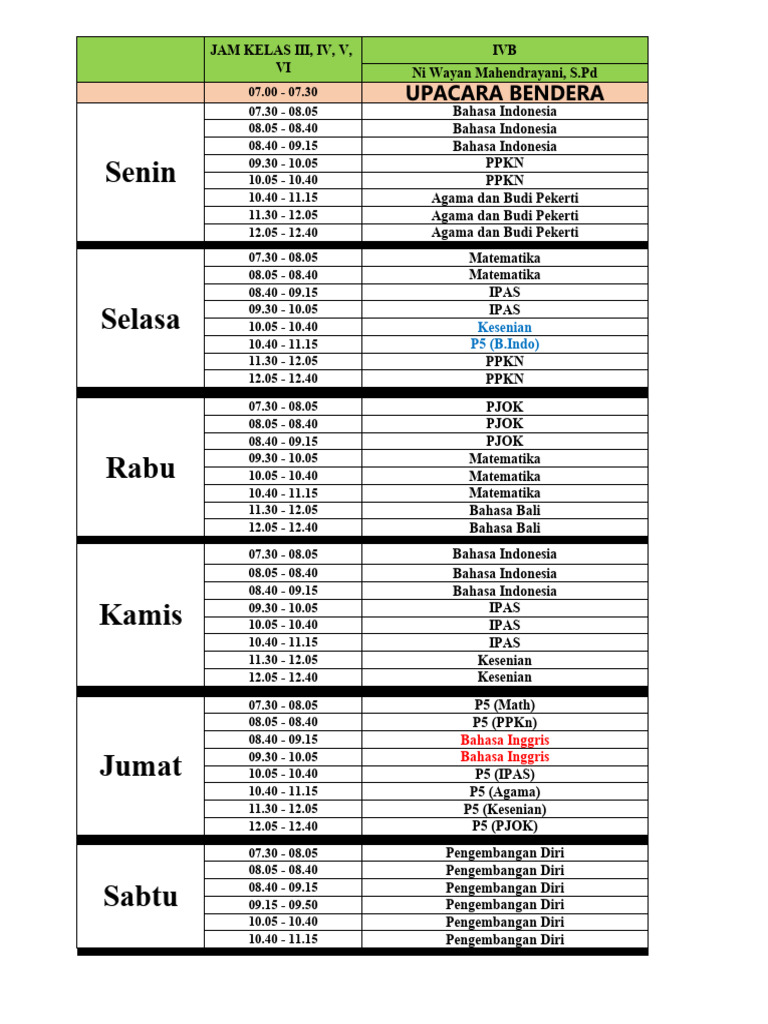 JADWAL T.A 2024-2025 KELAS IVB | PDF