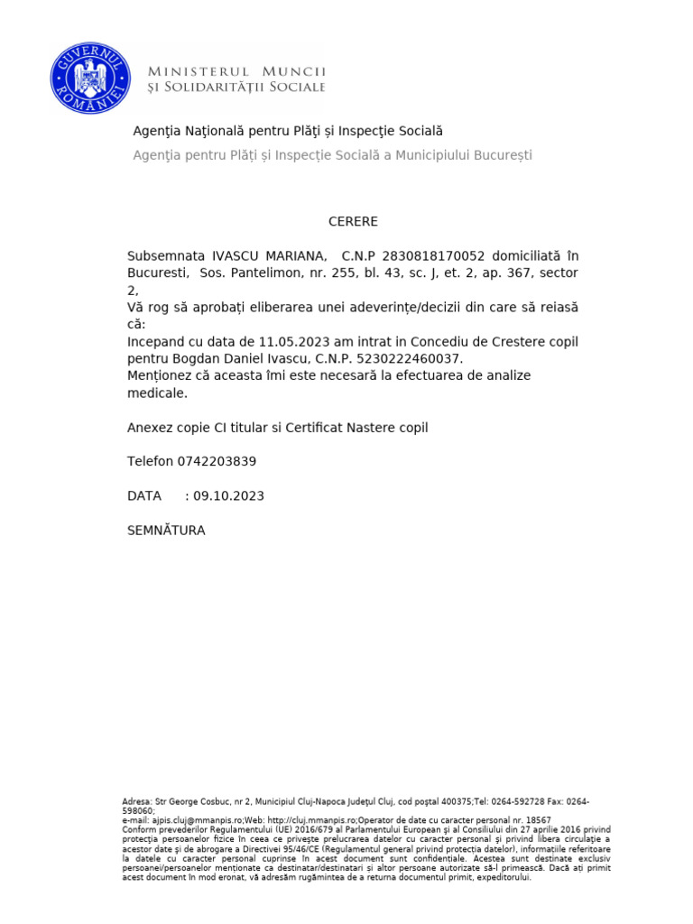 Cerere Eliberare Adeverinta | PDF