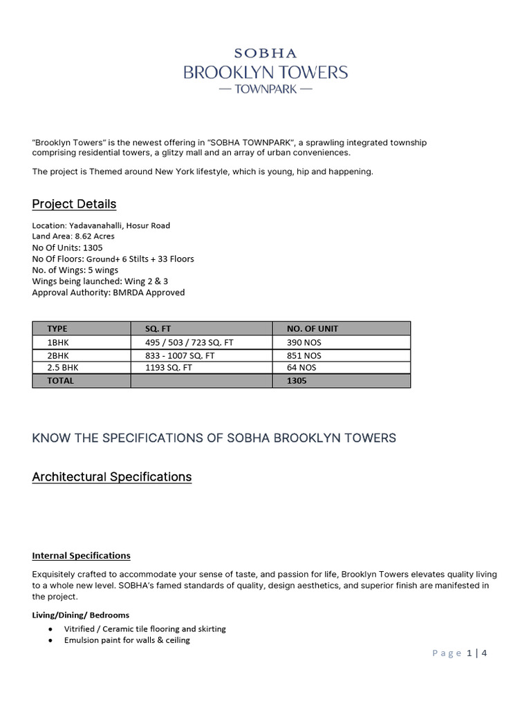 SOBHA Brooklyn Towers - Specifications | PDF
