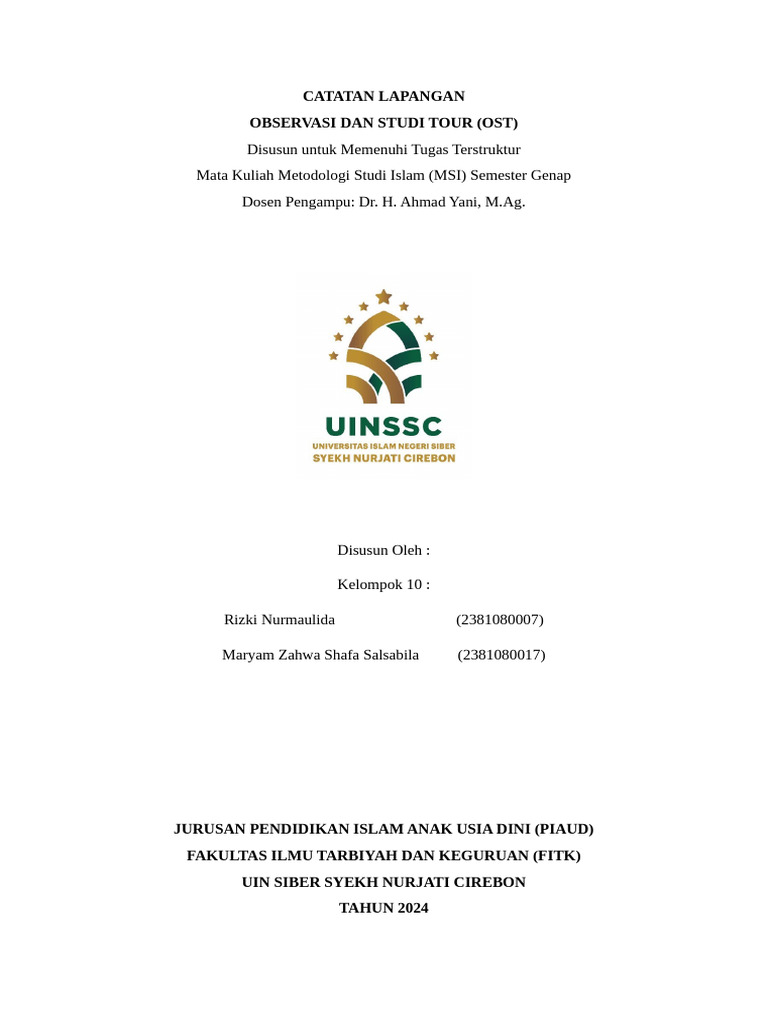 Catatan Lapangan Observasi Dan Studi Tour (Ost) | PDF