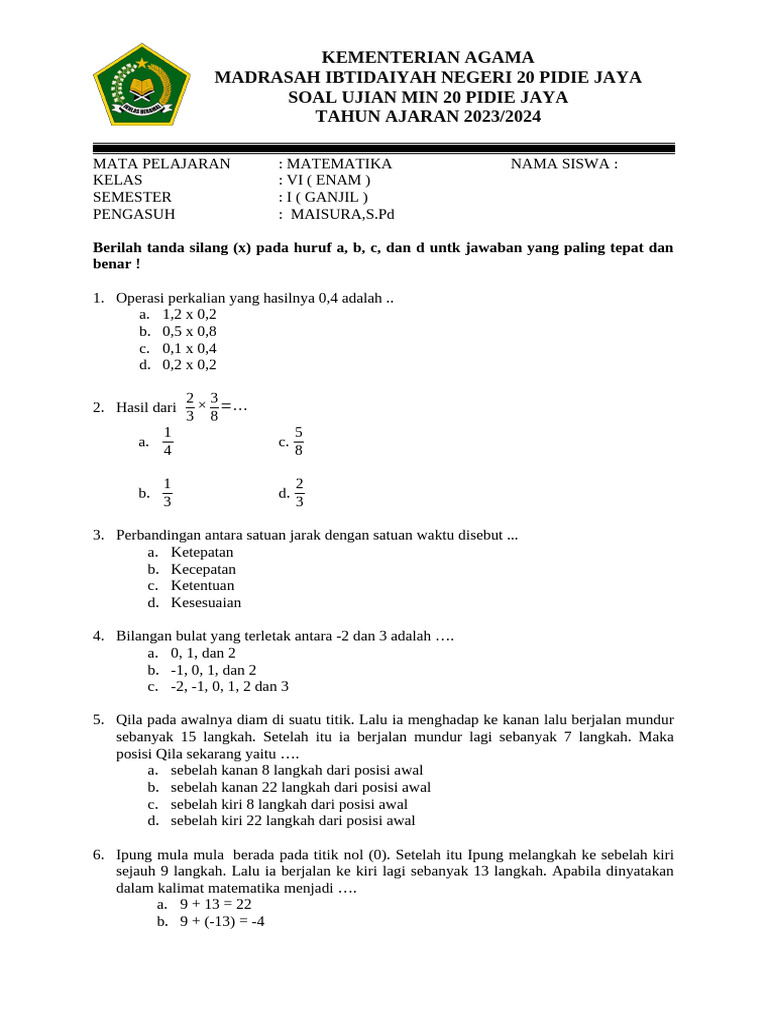 Soal Ujian MTK Kls 6 Maisura | PDF | Metode & Bahan Ajar | Griya & Taman
