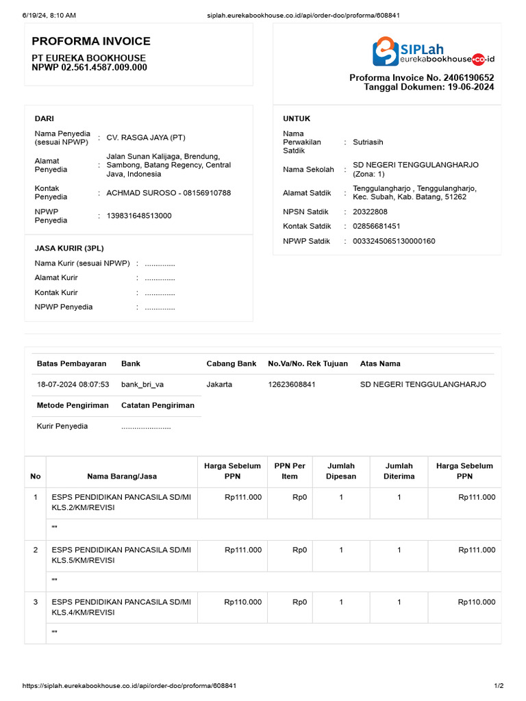 Siplah - Eurekabookhouse.co - Id Api Order-Doc Proforma 608841 | PDF