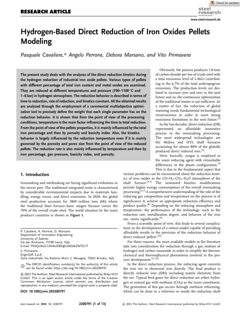 Cavaliere - Hydrogen Based Direct Reduction of Iron Oxides Pellets ...