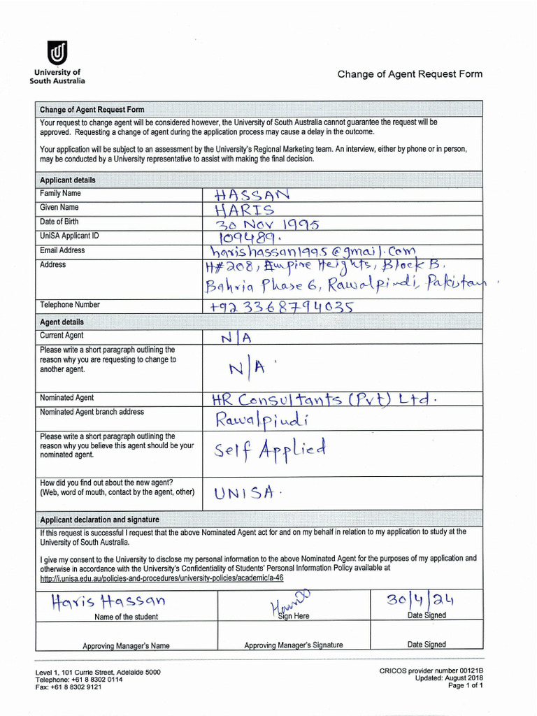Haris Hassan - UNISA Change of Agent Request Form | PDF