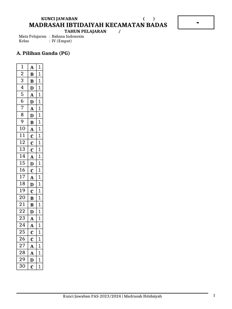 Kunci Pas 2023-2024 Bi-4 Mi Badas | PDF