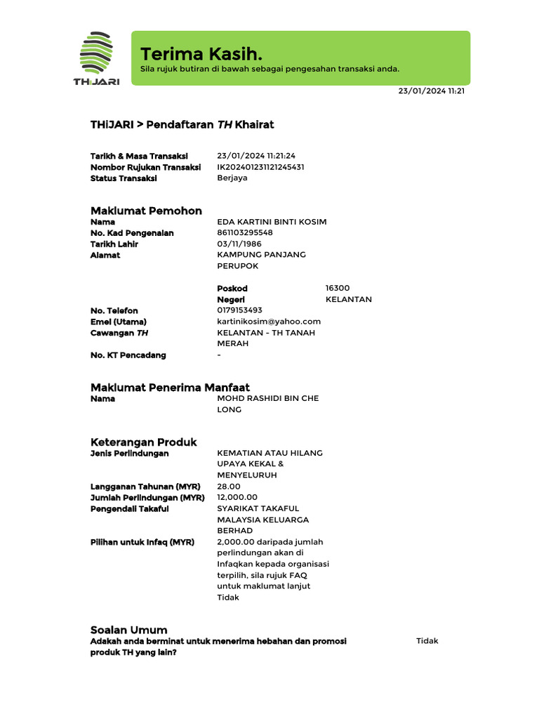 THK Hair at Registration Receipt | PDF