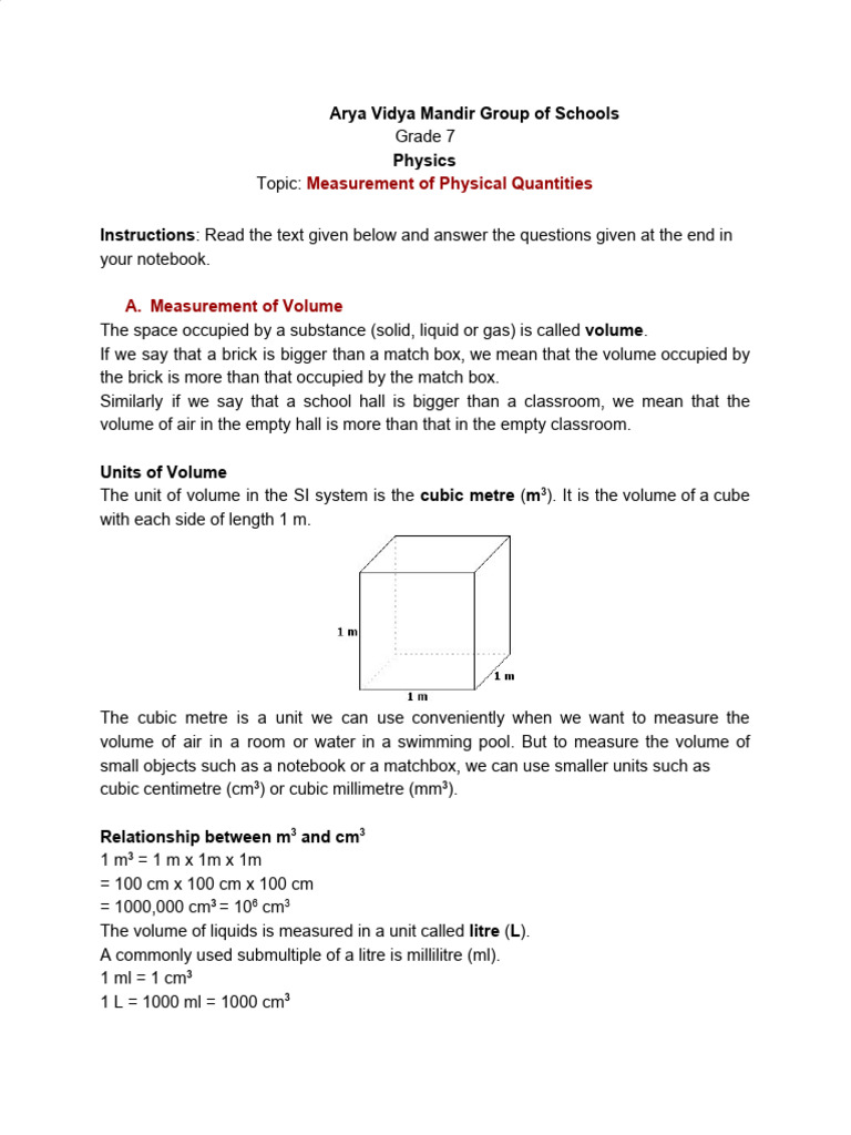 Grade 7 - Physics - Measurement of Physical Quantities - Worksheet | PDF