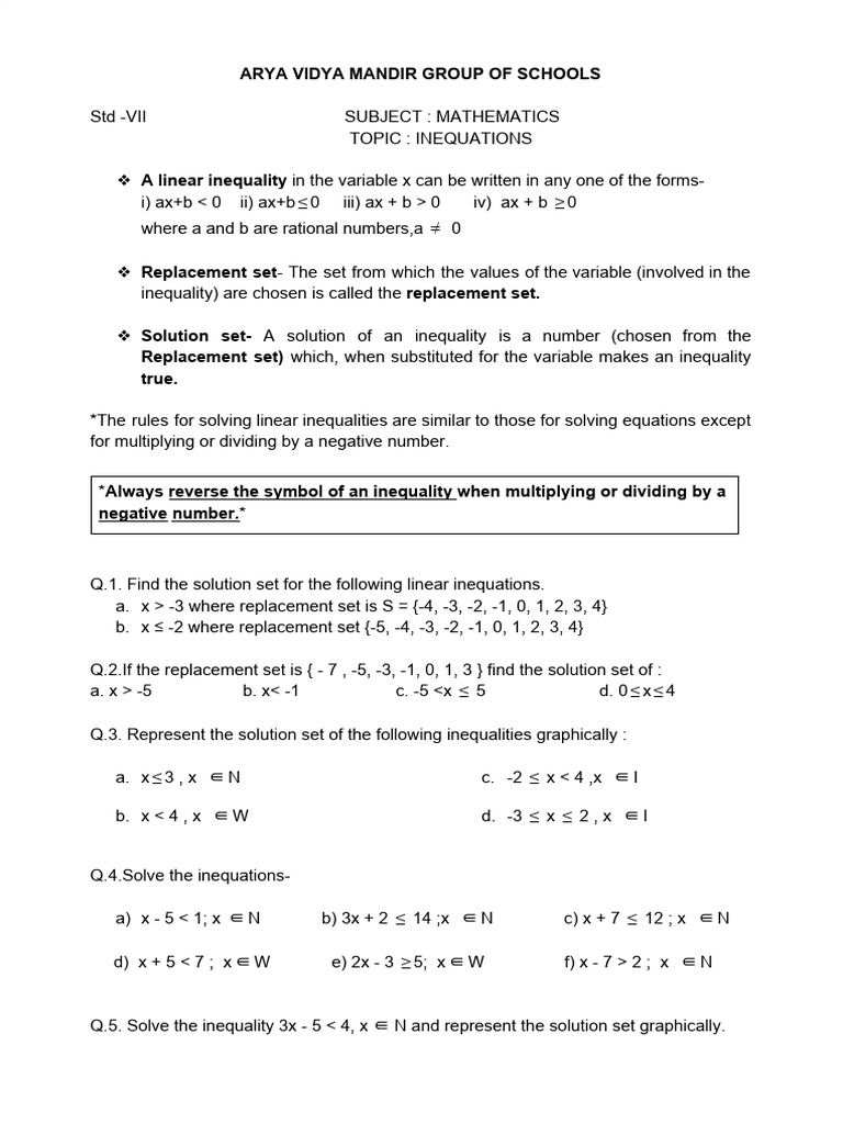 STD 7 Math - Linear Inequalities - Content and Practice Worksheet | PDF