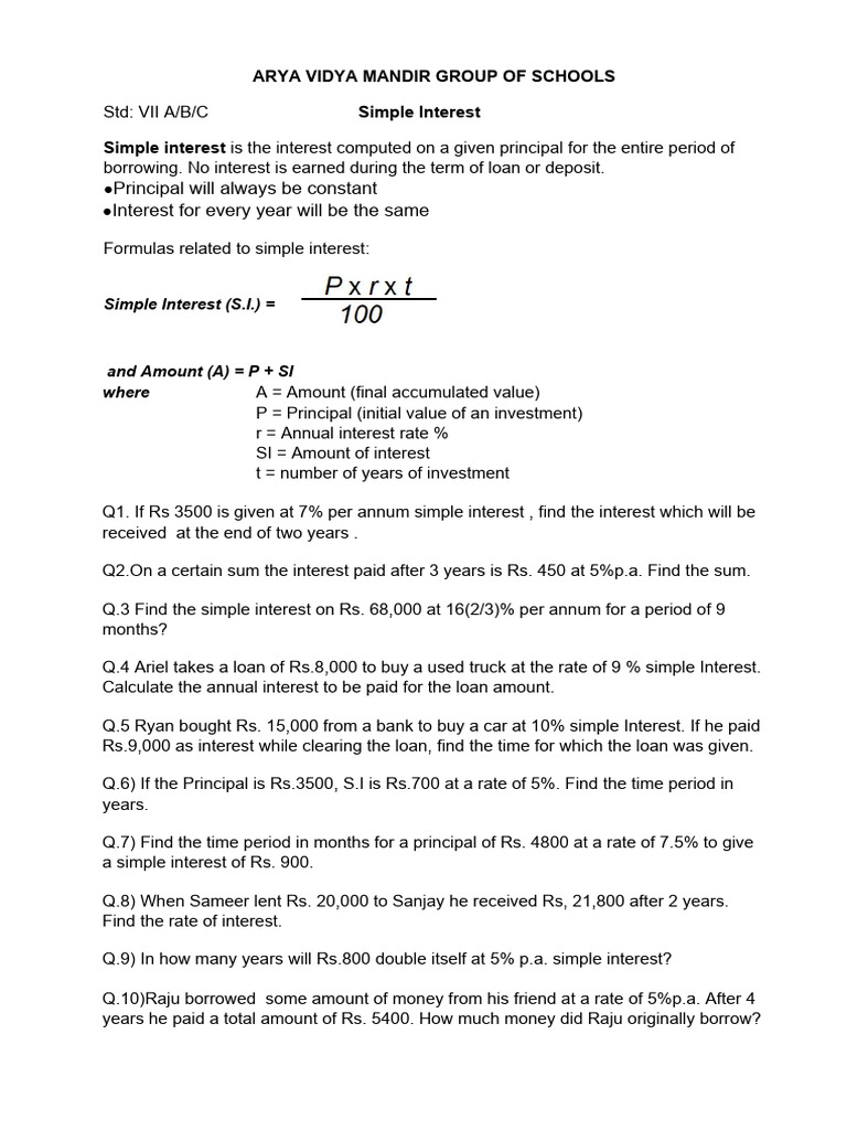 STD 7 Math - Simple Interest-Content Worksheet and Numericals | PDF