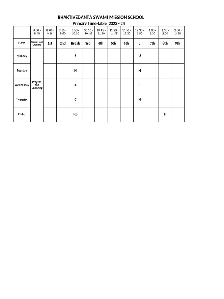 Primary & Secondary Time Table 2023-24 Ashima | PDF