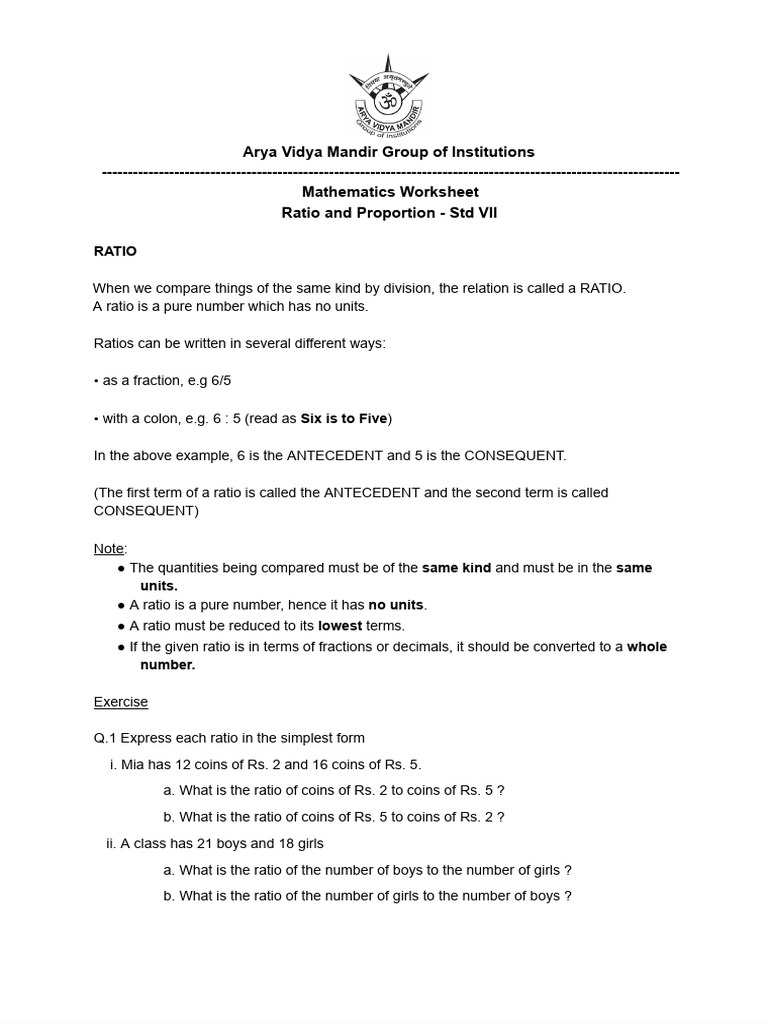 STD 7-Maths - Content Worksheet and Numericals On Ratio | PDF
