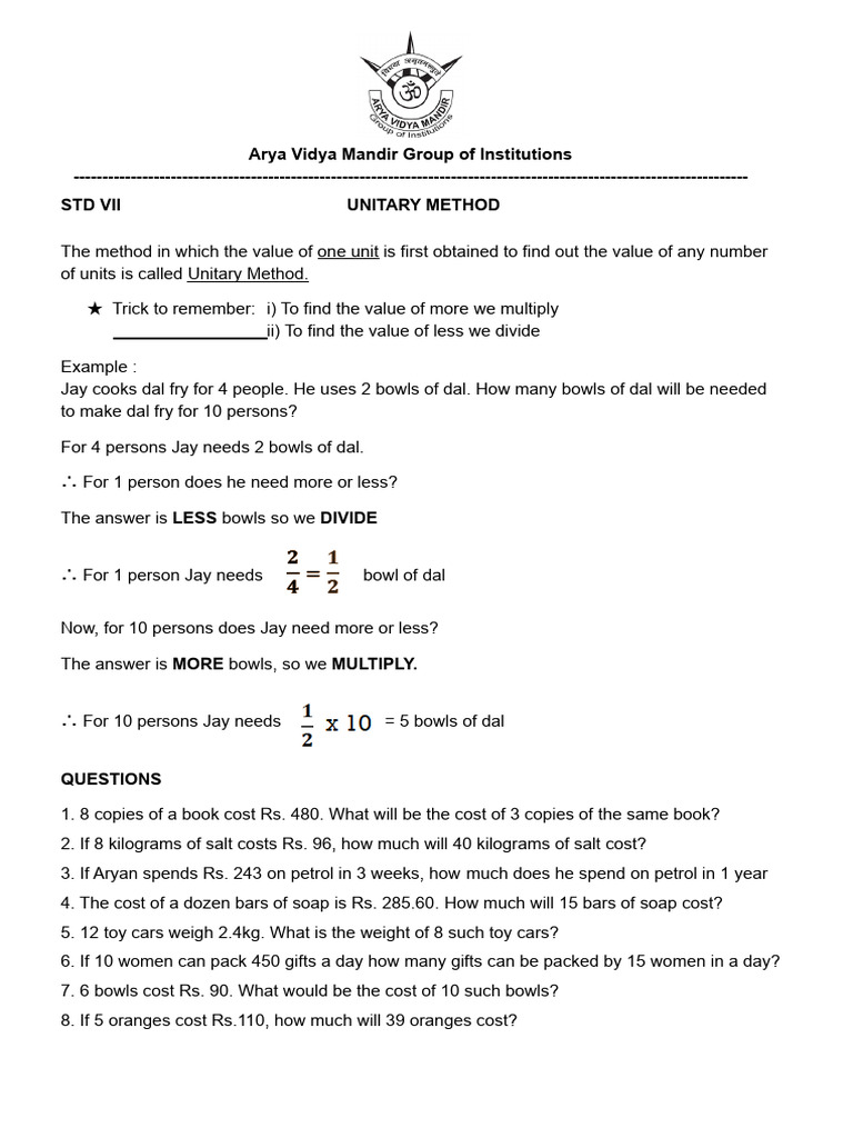 Std7 UnitaryMethodWorksheet&Content | PDF