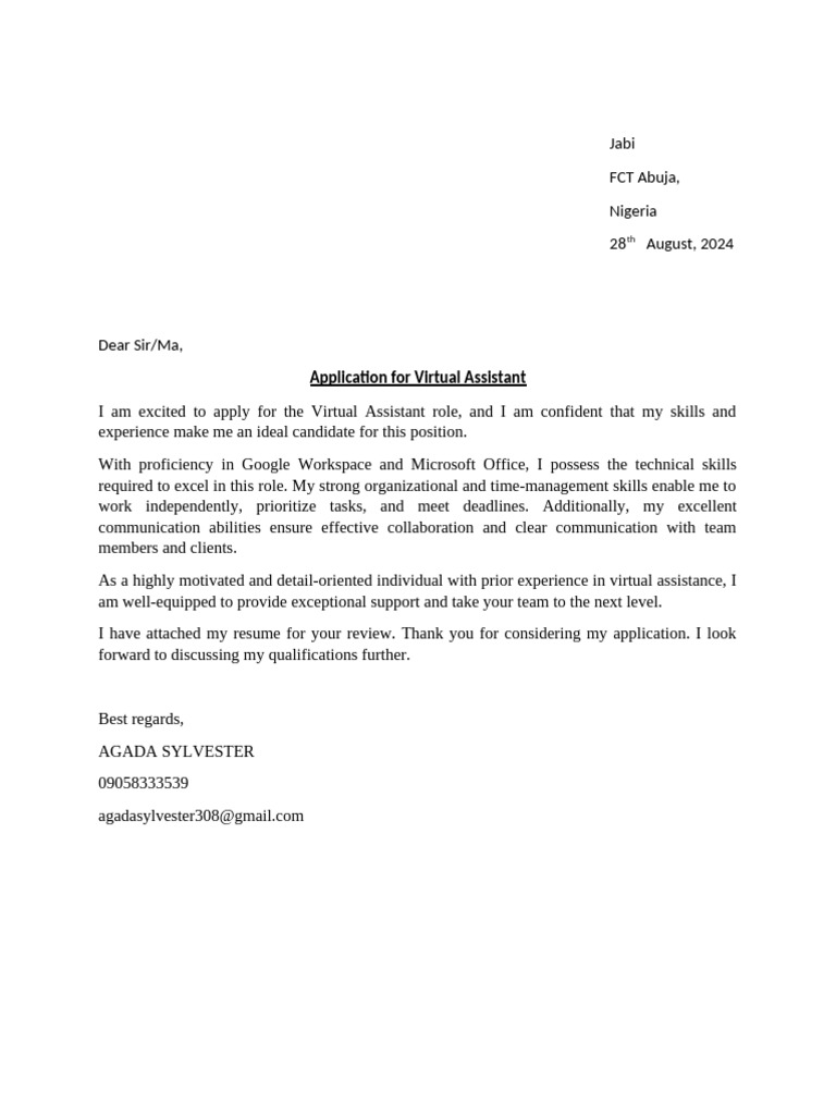 Virtual Assistant Application Letter | PDF