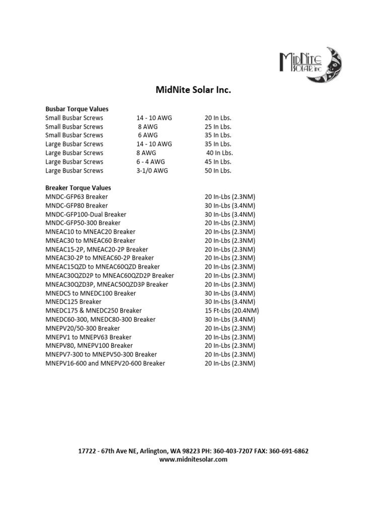 Breaker Busbar Torque Values | PDF