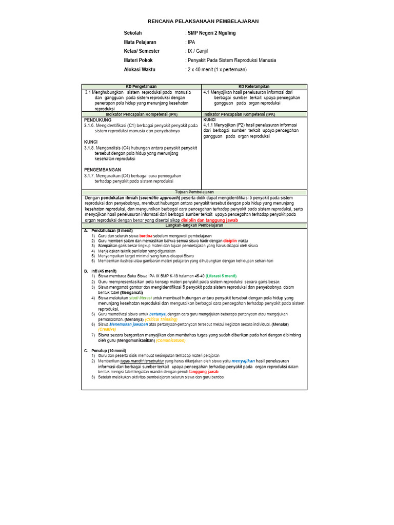 RPP IPA Kelas 9 Ganjil - Sistem Reproduksi | PDF
