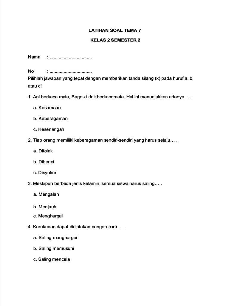PDF Soal Kelas 2 Semester 2 Tema 7 - Compress | PDF