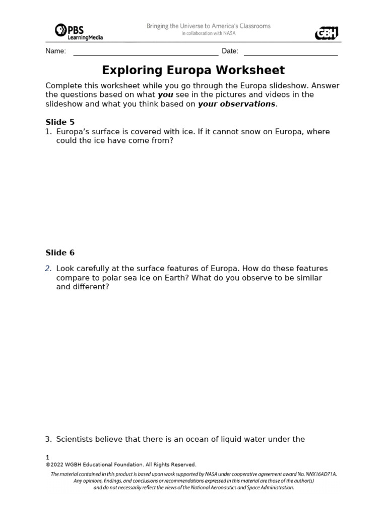 Exploring Europa Worksheet | PDF