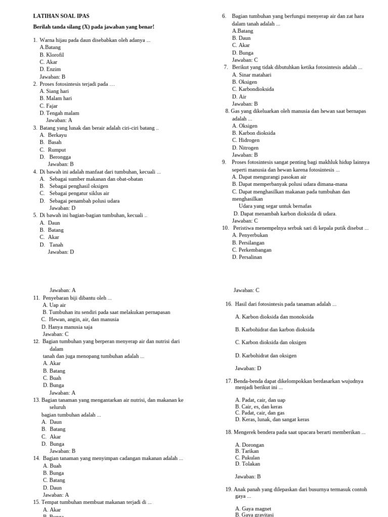 LATIHAN SOAL IPAS KLS 4 SMT 1 | PDF