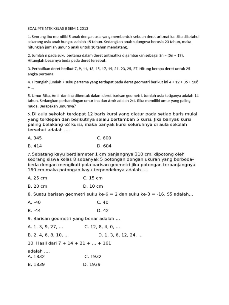Soal Mtk Kelas 8 Sem 1 2013 | PDF
