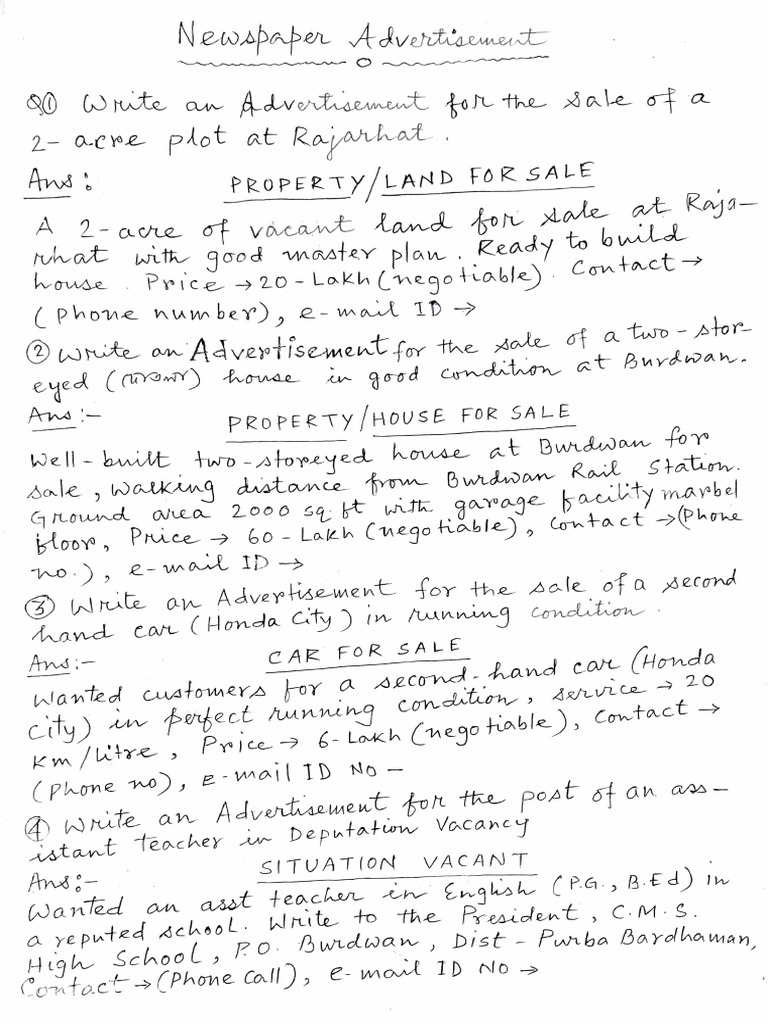 Newspaper Advertisement Class 11 | PDF