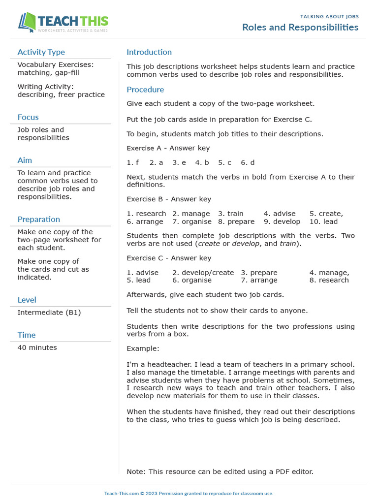 Job Roles and Responsibilities Worksheet | PDF | Language Arts & Discipline