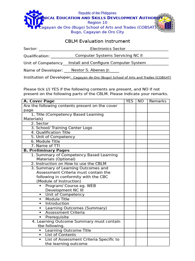CBLM Evaluation Instrument | PDF | Computers