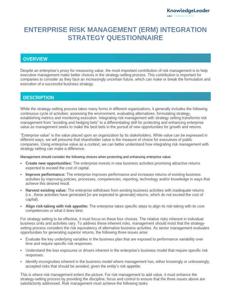 Enterprise Risk Management (ERM) Integration Strategy Questionnaire | PDF