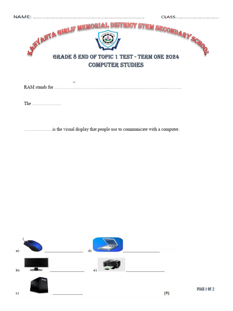 Computer Studies Grade 8 End of Topic 1 Test - 2024 | PDF