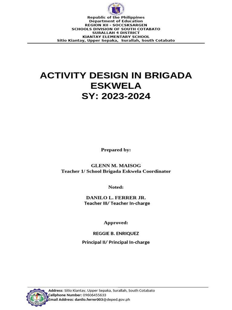 Activity Design Brigada Eskwela 2023 2024 | PDF