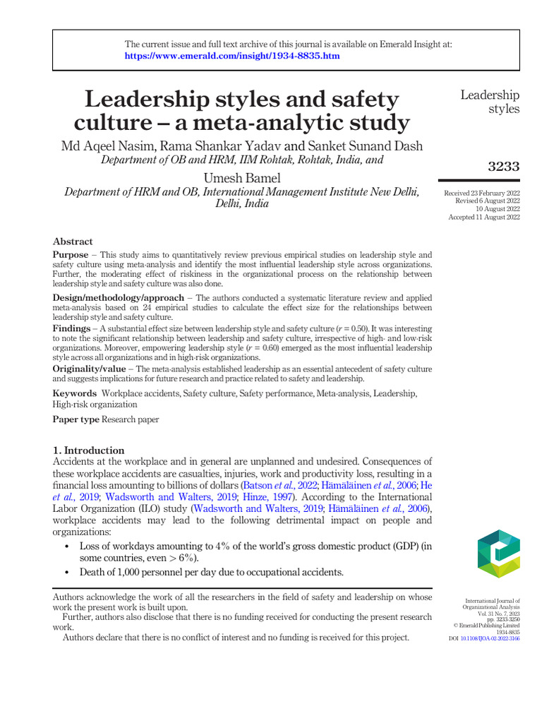 Leadership styles and safety culture – a meta-analytic study | PDF