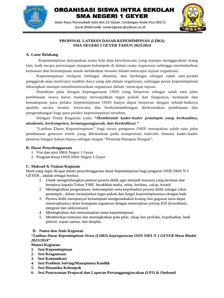 Proposal LDKS OSIS SMA N 1 Geyer 2023/2024 | PDF