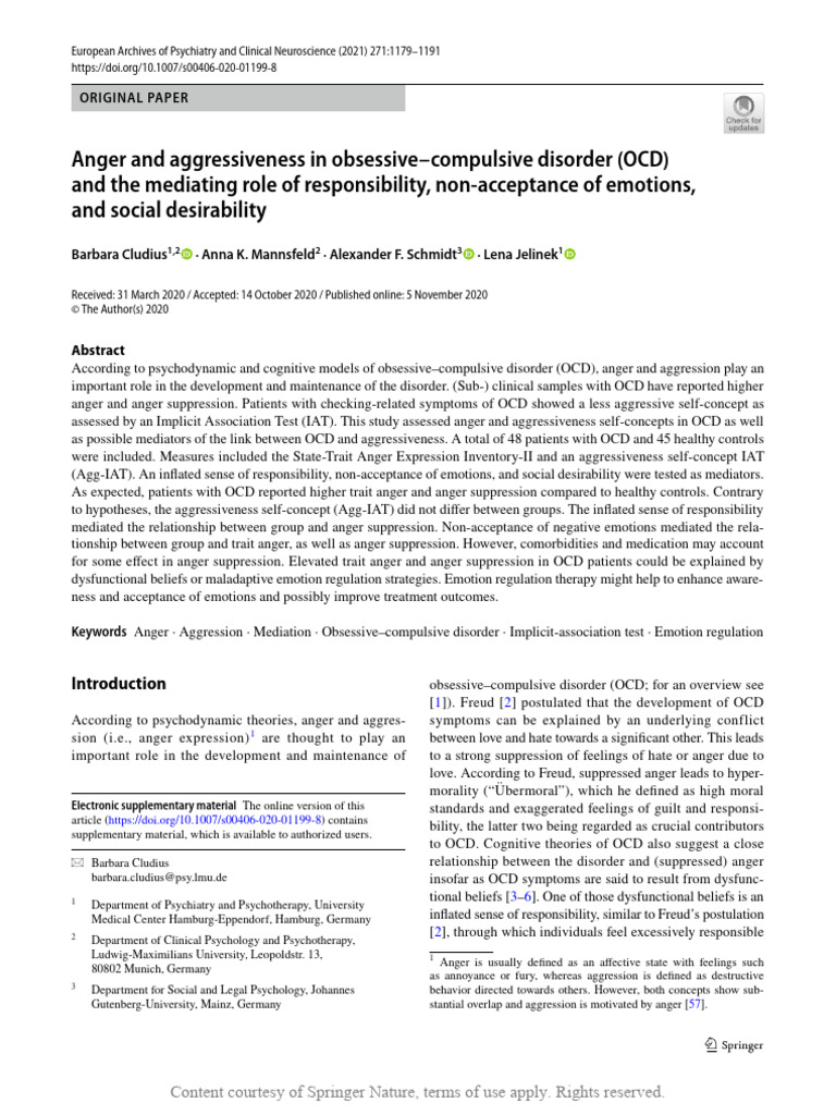 Anger and Aggressiveness in Obsessive-Compulsive D | PDF