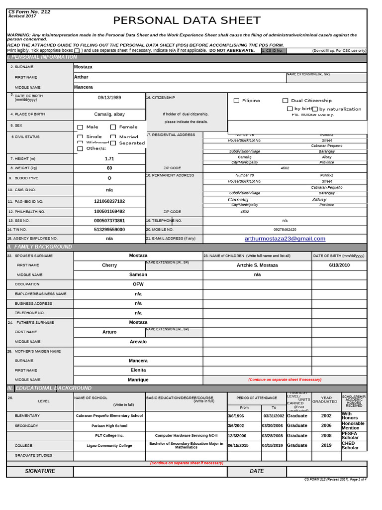 CSC Form 212 (Revised 2017) Personal Data Sheet | PDF