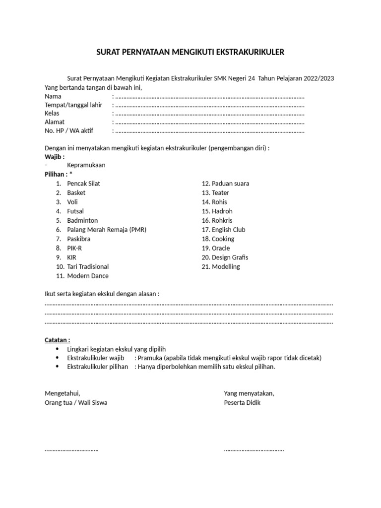 Surat Pernyataan Mengikuti Ekstrakurikuler | PDF