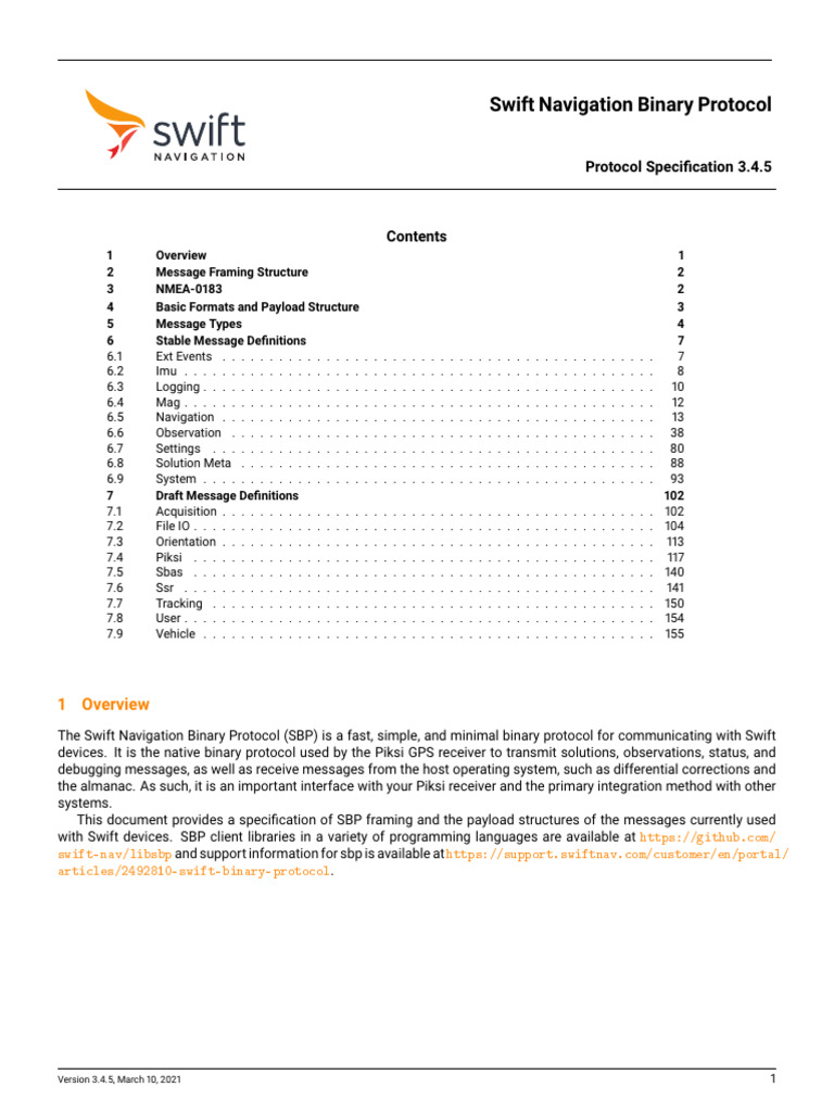 Swift Navigation Binary Protocol Specification v3.4.5 | PDF