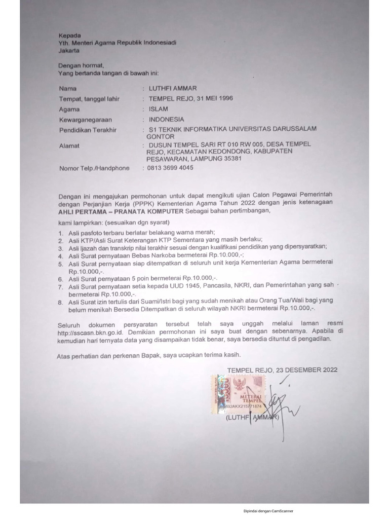 Surat Lamaran Kemenag Pusat | PDF