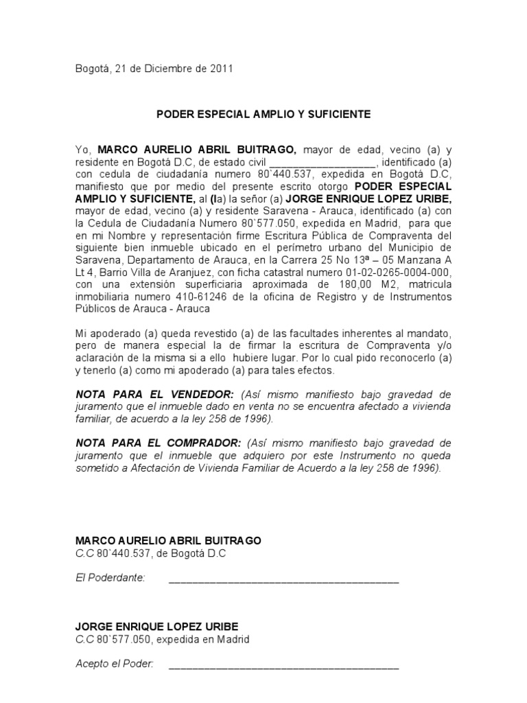 Modelo de poder amplio y suficiente colombia – Assistente administrativo