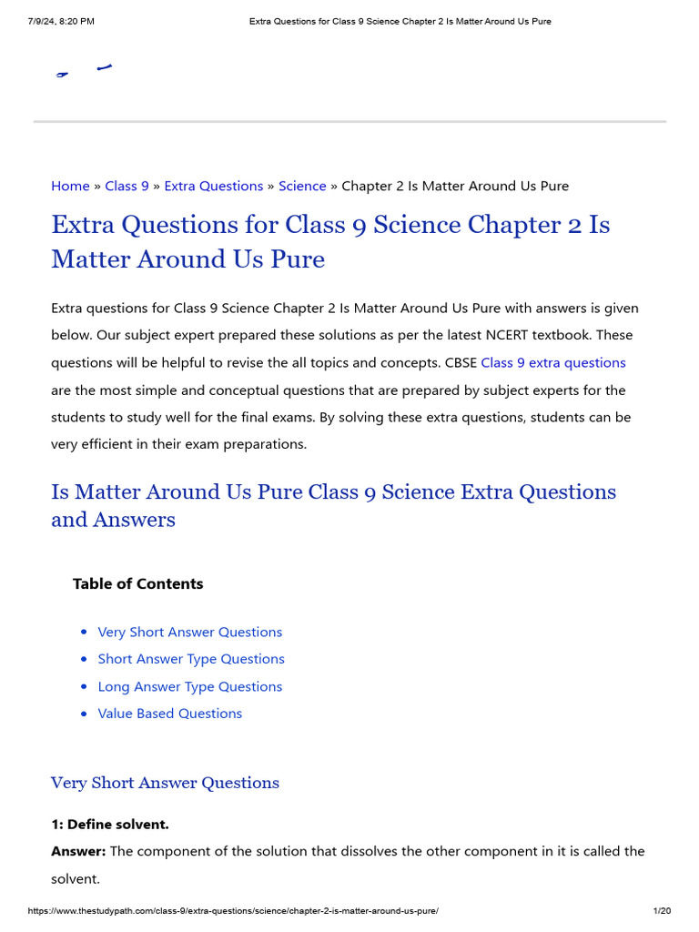Extra Questions For Class 9 Science Chapter 2 Is Matter Around Us Pure ...