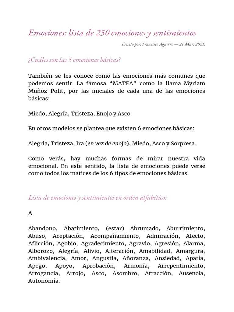 Emociones - Lista de 250 Emociones y Sentimientos | PDF