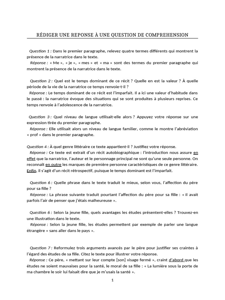 Rédiger Une Réponse À Une Question de Compréhension - Corrigé | PDF