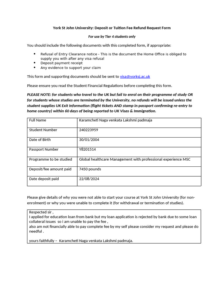 Fee Refund Request Form (1) Padmaja | PDF