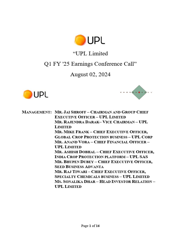 UPL - Q1FY25 - Concall Transcript | PDF