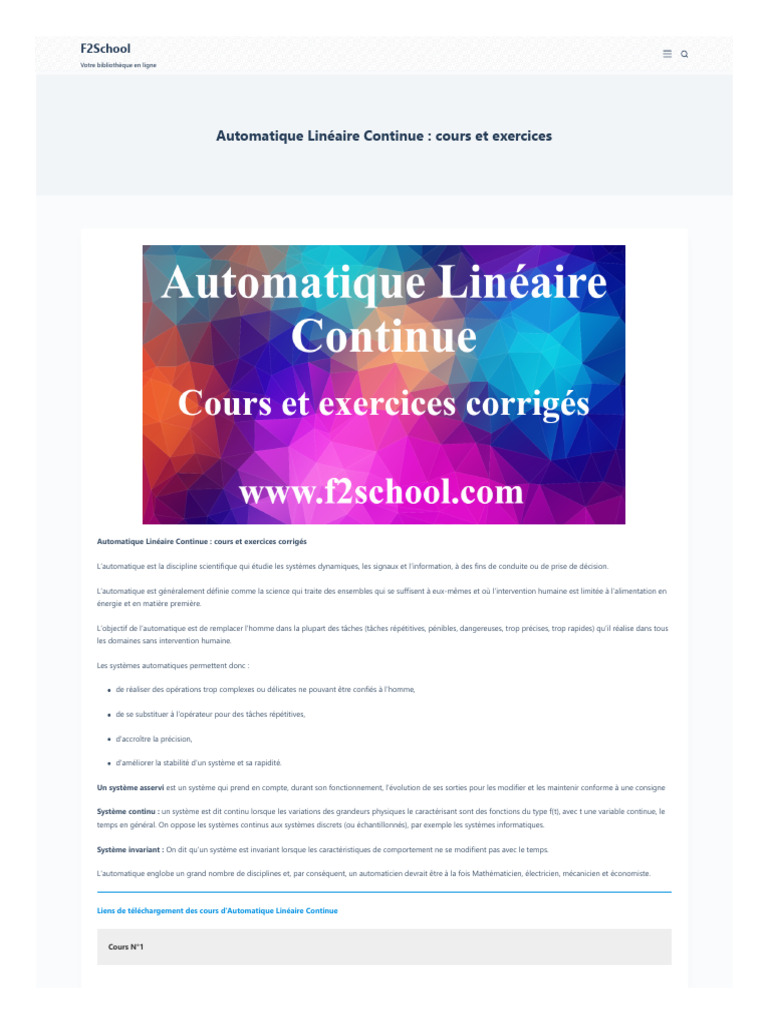 Automatique Linéaire Continue - Cours Et Exercices - F2School | PDF